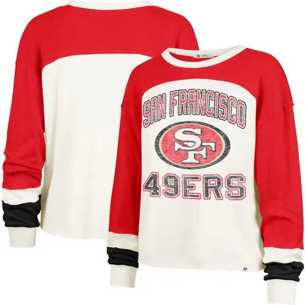 '47 San Francisco 49ers Double Header Curve Raglan Long Sleeve Crop Top - Cream