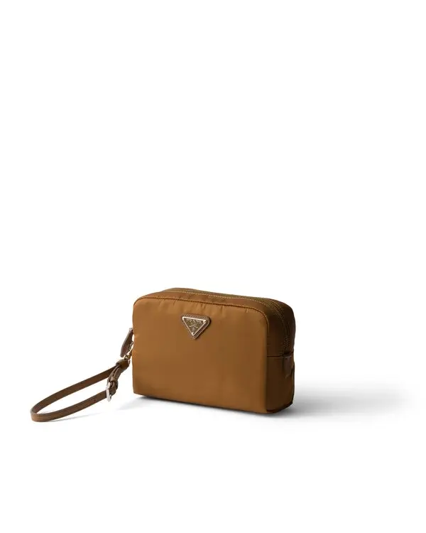 Prada Re-nylon Pouch With Leather Wristlet - Brown