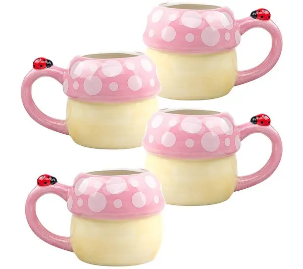 10 STRAWBERRY STREET Pink Mushroom With Ladybug Mug, Set Of 4 - One-color