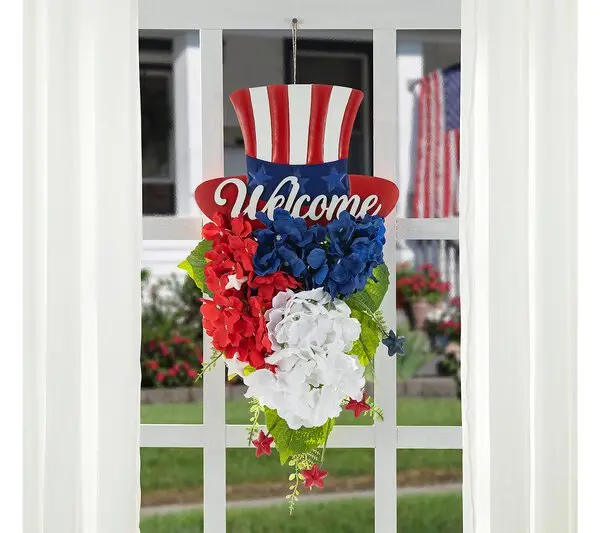 GLITZHOME 22.5' Americana Top Hat Hydrangea Swa G Wall Decor - One-color
