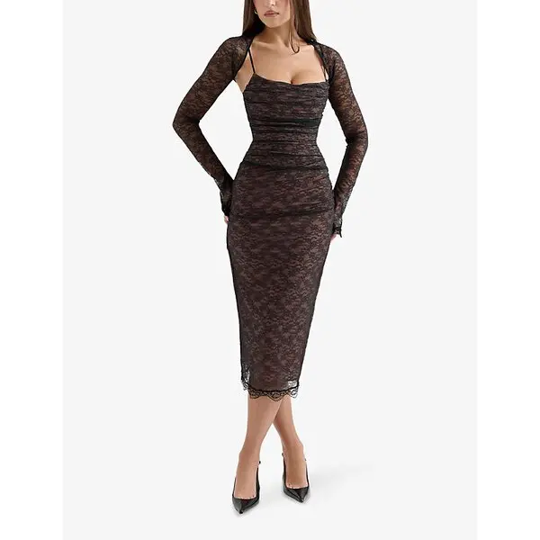 House OF CB Gaia Corset Stretch-Lace Midi Dress - Black