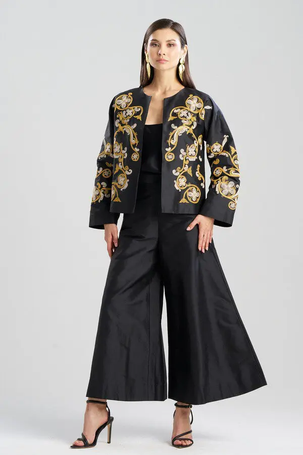 Natori Silk Dupioni Embroidered Crop Jacket