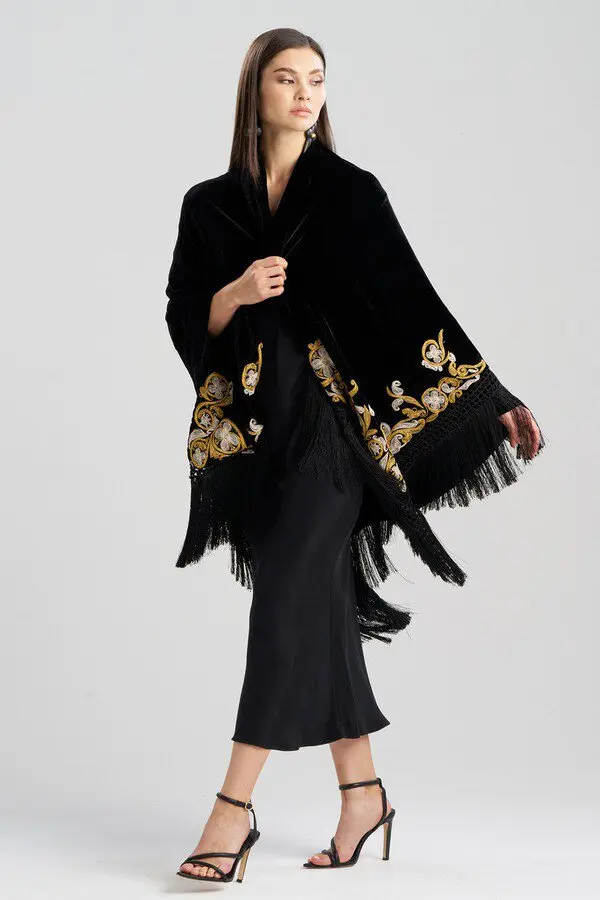 Natori Couture Velvet Embroidered Fringe Shawl - Black