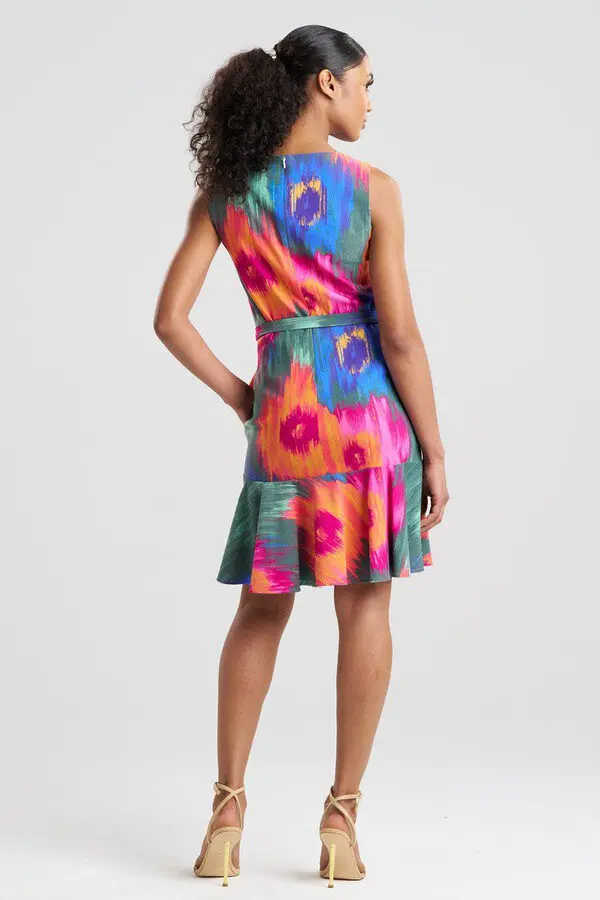Natori Multi Floral Belted Ruffle Dress