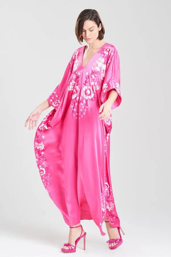 Natori Couture Hanabi Embroidered Silk Caftan - Pink