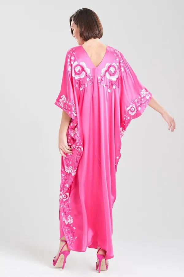 Natori Couture Hanabi Embroidered Silk Caftan - Pink