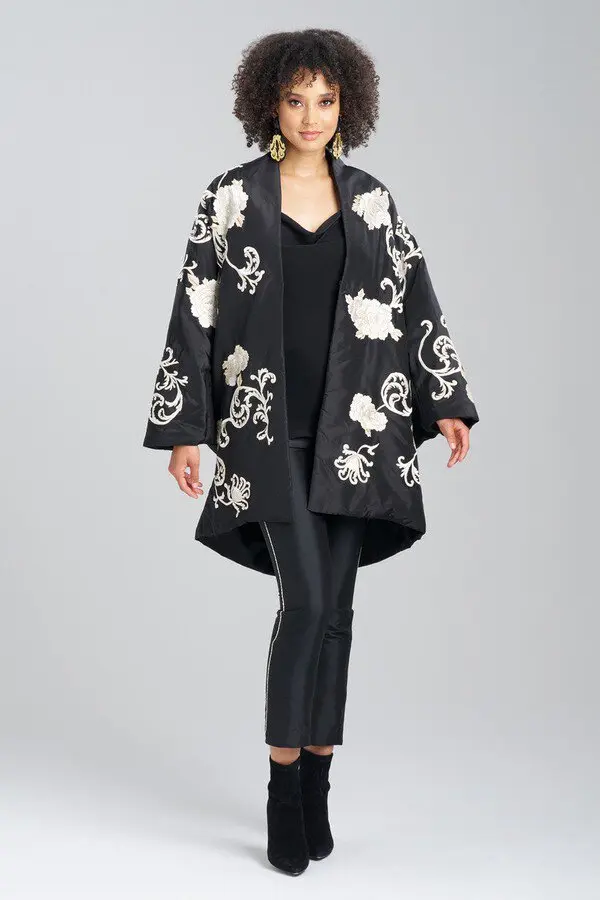 Natori Couture Silk Taffeta Embroidered Coat