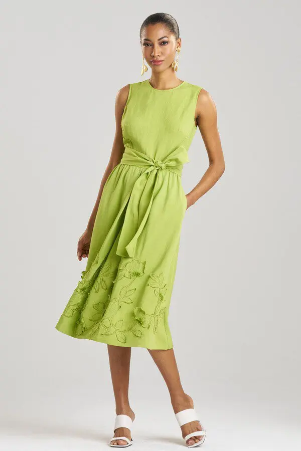 Natori Linen Embroidered Fit & Flare Dress