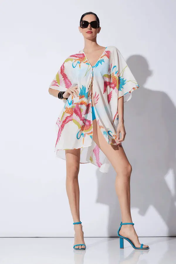 Natori Crane Cotton Silk Sheer Cover-up - Multicolor / White