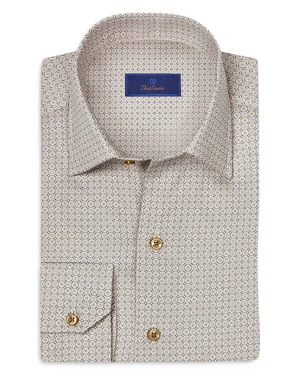 David Donahue Regular Fit Geometric Print Sport Shirt - Stone