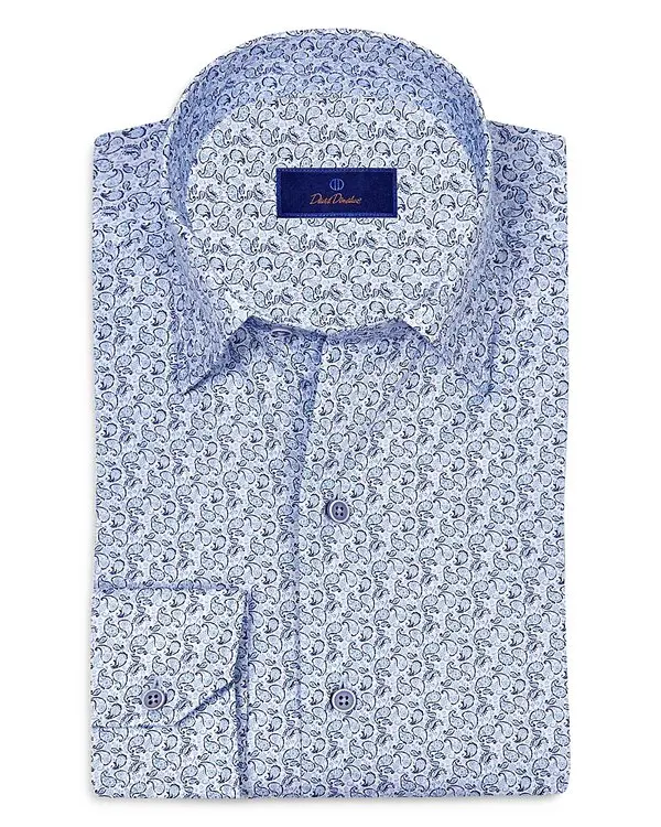 David Donahue Regular Fit Textured Neat Print Sport Shirt - White/sky