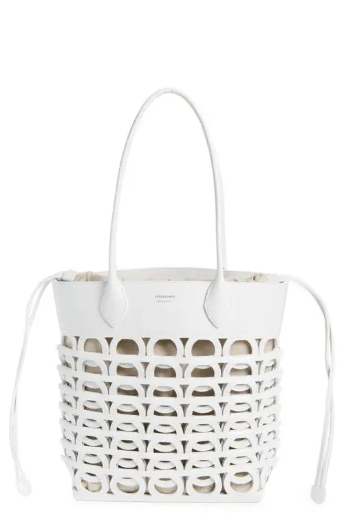 FERRAGAMO Medium Gancini Perforated Leather Tote - Optic-white/ Naturale
