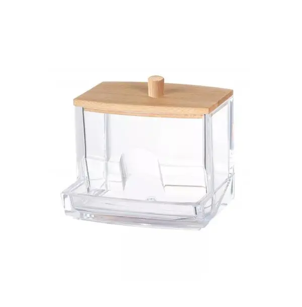 ELLE Clear Cotton Swab Dispenser With Bamboo Lid-acrylic Qtips Dispenser - Brown