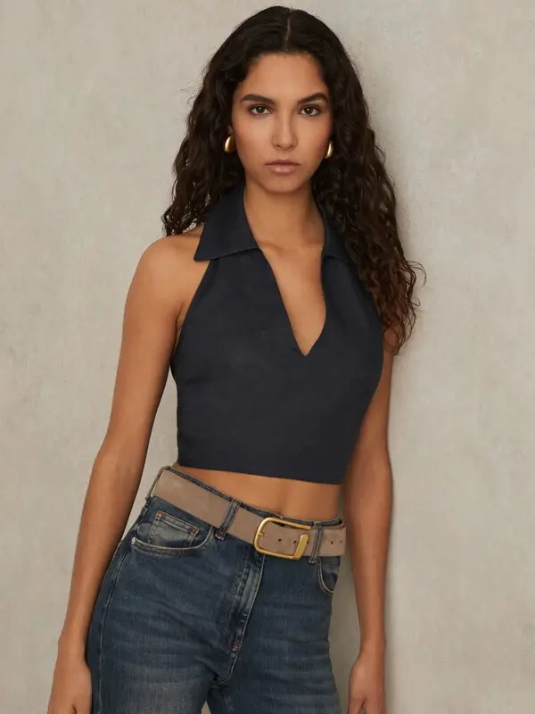 REISS Cara Linen Halterneck Top
