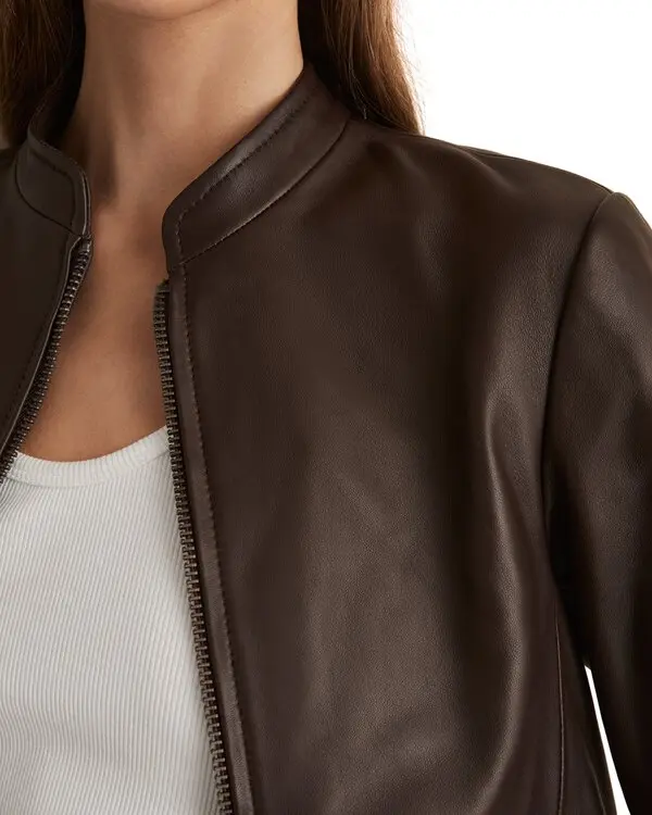 REISS Allie Leather Biker Jacket - Chocolate