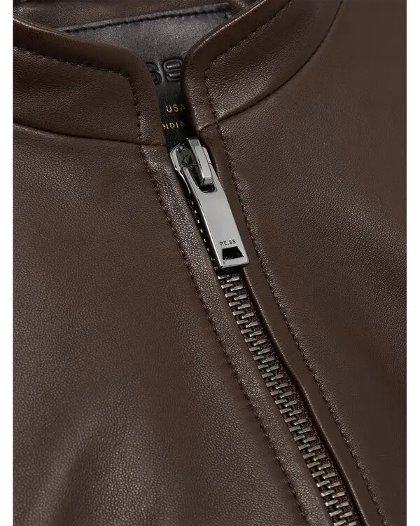 REISS Allie Leather Biker Jacket - Chocolate
