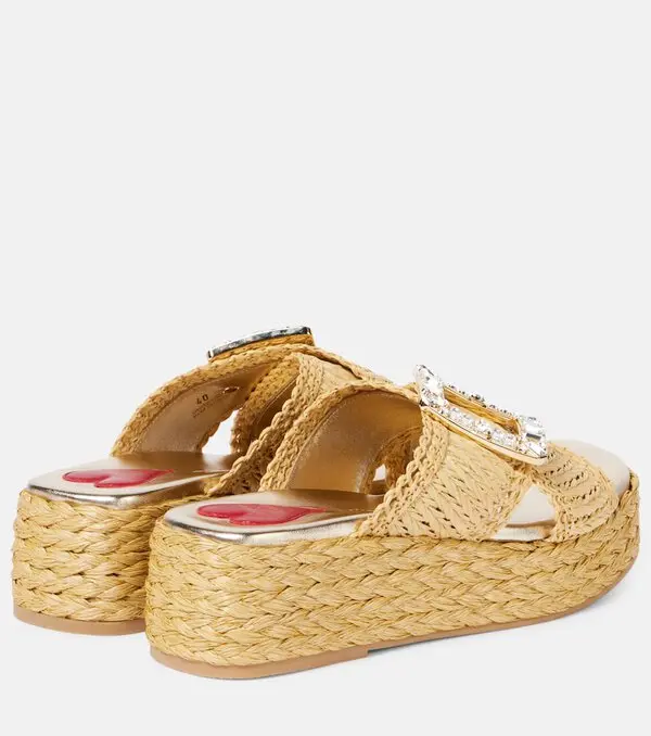 ROGER VIVIER Embellished Raffia Espadrille Slides - Beige