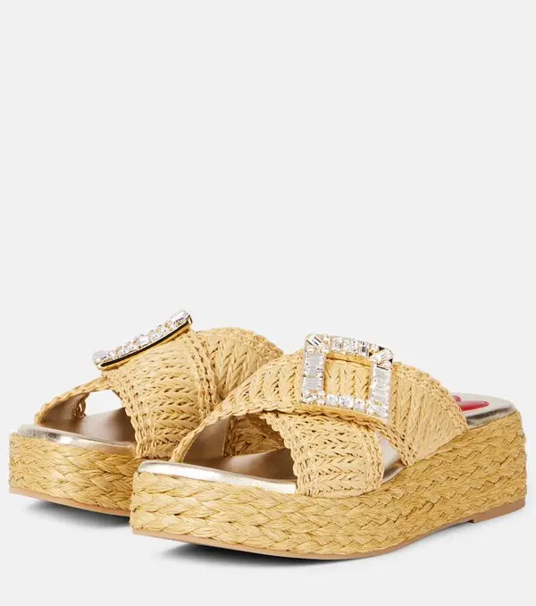 ROGER VIVIER Embellished Raffia Espadrille Slides - Beige