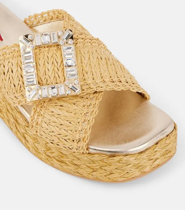 ROGER VIVIER Embellished Raffia Espadrille Slides - Beige
