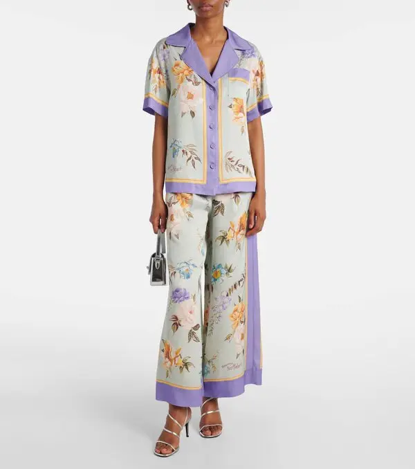 SELF-PORTRAIT Floral Twill Palazzo Pants