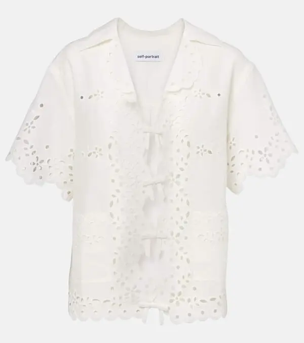 SELF-PORTRAIT Embroidered Cutout Linen And Cotton Top
