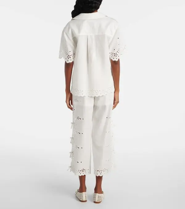 SELF-PORTRAIT Embroidered Cutout Linen And Cotton Top