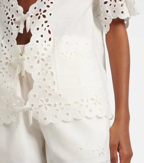 SELF-PORTRAIT Embroidered Cutout Linen And Cotton Top
