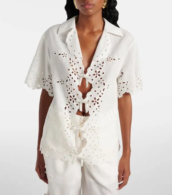 SELF-PORTRAIT Embroidered Cutout Linen And Cotton Top