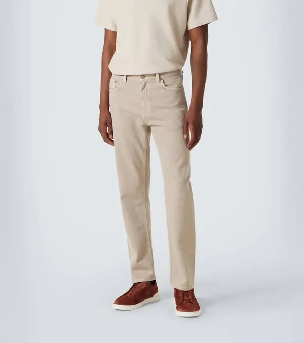 Zegna Leather-trimmed Cotton Straight Leg Pants