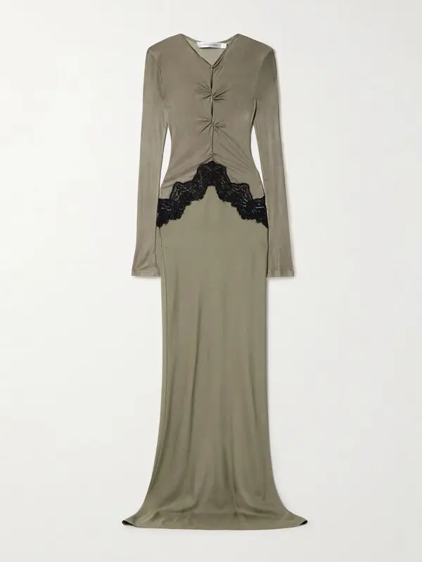 christopher esber green lace dress Christopher Esber Green Verve Asymmetric Lace-trimmed Silk-georgette And  Ribbed Jersey Dress UK 10 main image 1