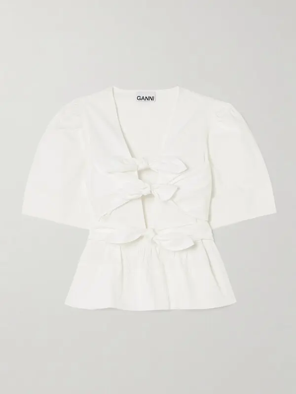 GANNI Belted Tie-detailed Cotton-blend Poplin Blouse - White