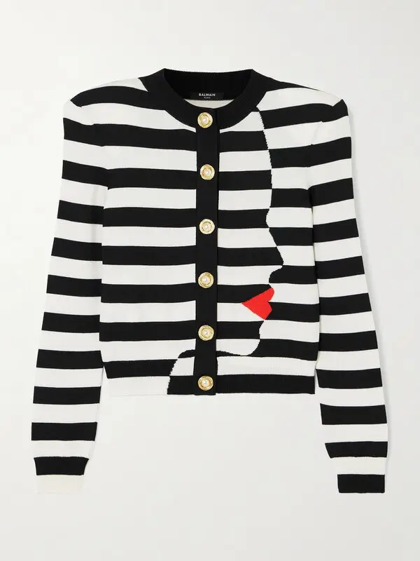 Balmain Striped Knitted Cardigan - Black