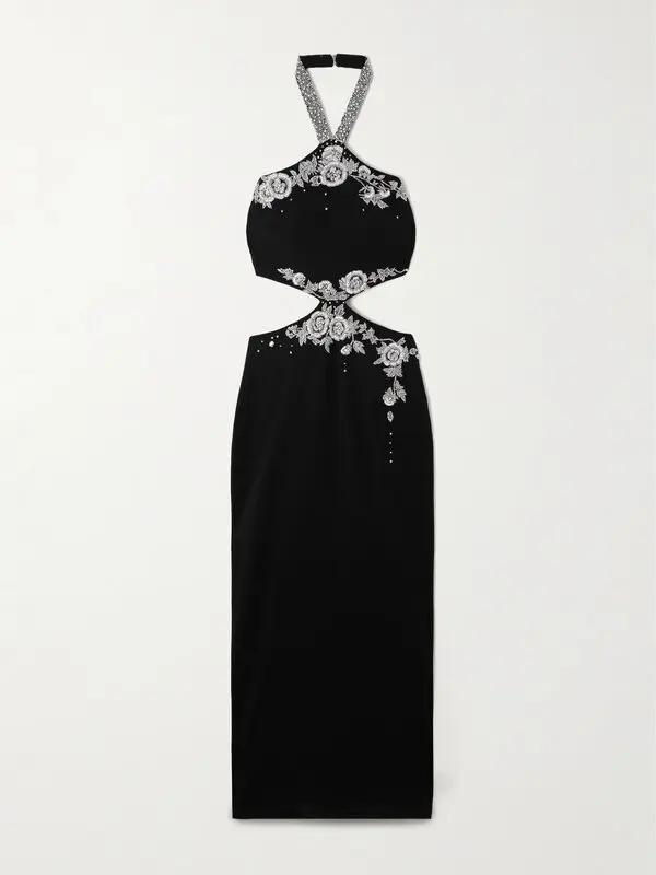 MISS SOHEE Cutout Crystal-embellished Embroidered Crepe Halterneck Gown