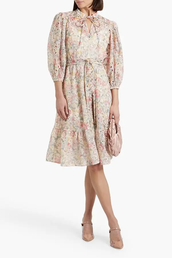 MIKAEL AGHAL Belted Printed Broderie Anglaise Midi Dress