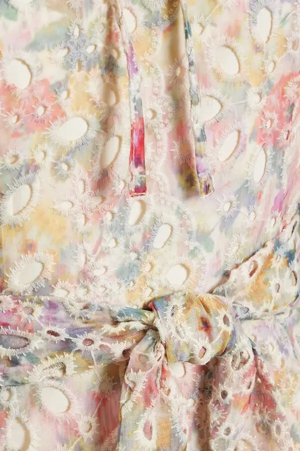 MIKAEL AGHAL Belted Printed Broderie Anglaise Midi Dress
