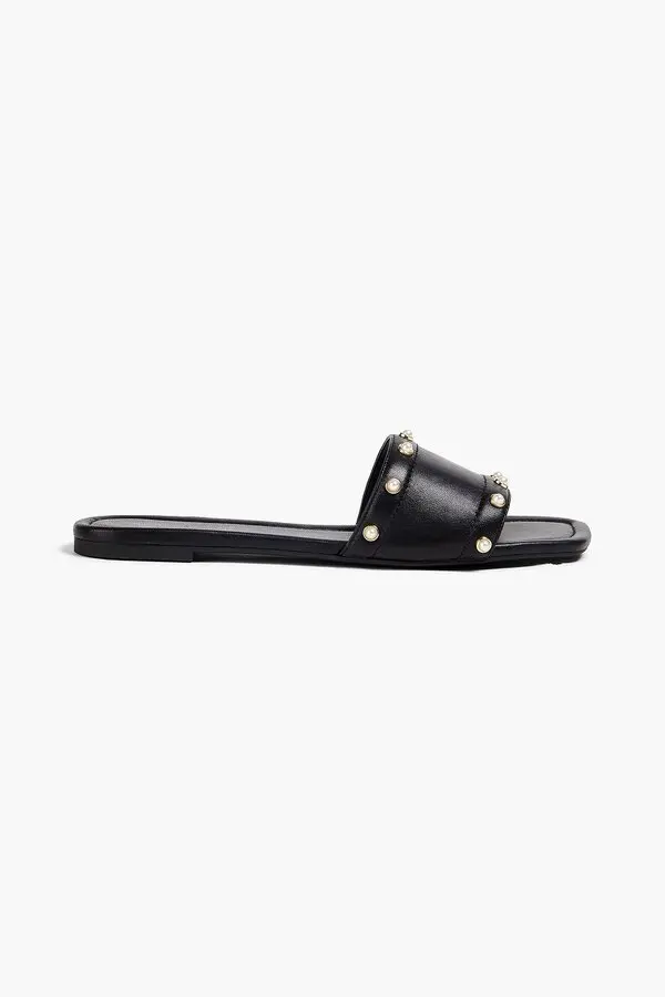STUART WEITZMAN Faux Pearl-embellished Leather Slides - Black