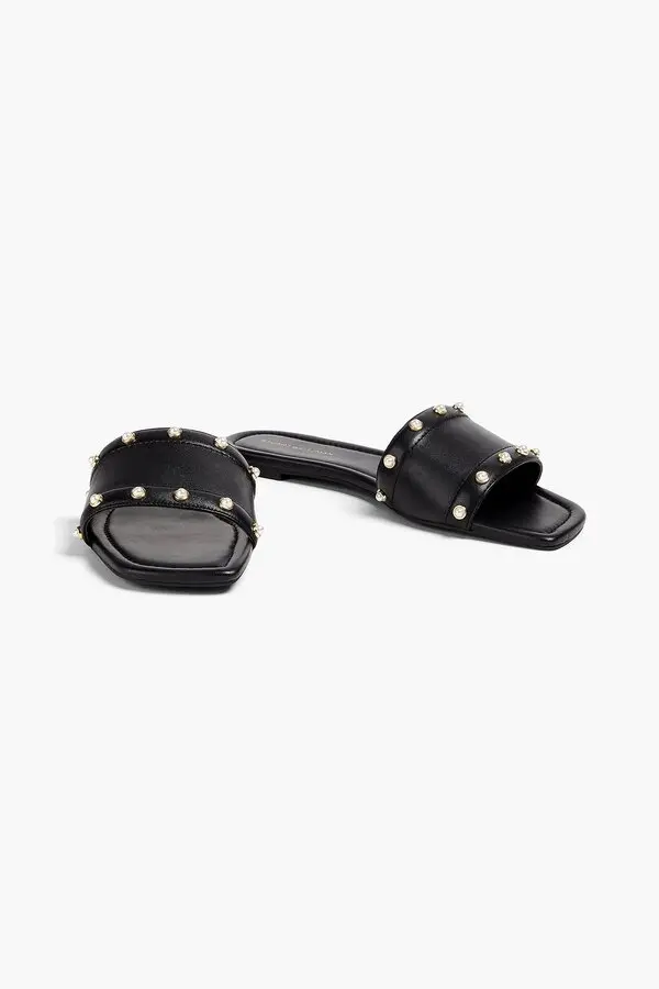 STUART WEITZMAN Faux Pearl-embellished Leather Slides - Black