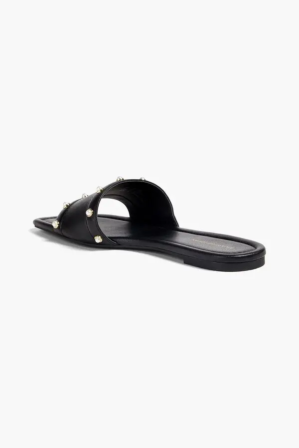 STUART WEITZMAN Faux Pearl-embellished Leather Slides - Black