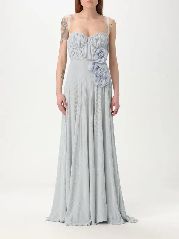 Elisabetta Franchi Maxi Dress With Floral Embellishment - Gnawed Blue
