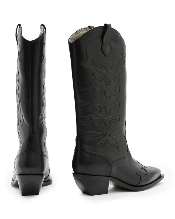 All Saints Dolly Embroidered Leather Western Boots In Black