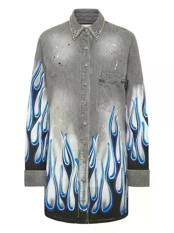Philipp Plein Graphic-print Denim Shirt - Grey