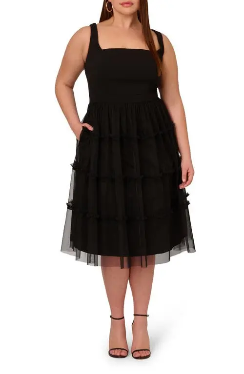 adrianna papell mesh overlay tiered midi cocktail dress Adrianna Papell Mesh Overlay Tiered Midi Cocktail Dress In Black
