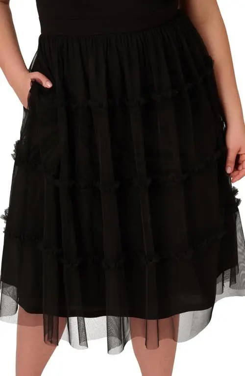 adrianna papell mesh overlay tiered midi cocktail dress Adrianna Papell Mesh Overlay Tiered Midi Dress - Black