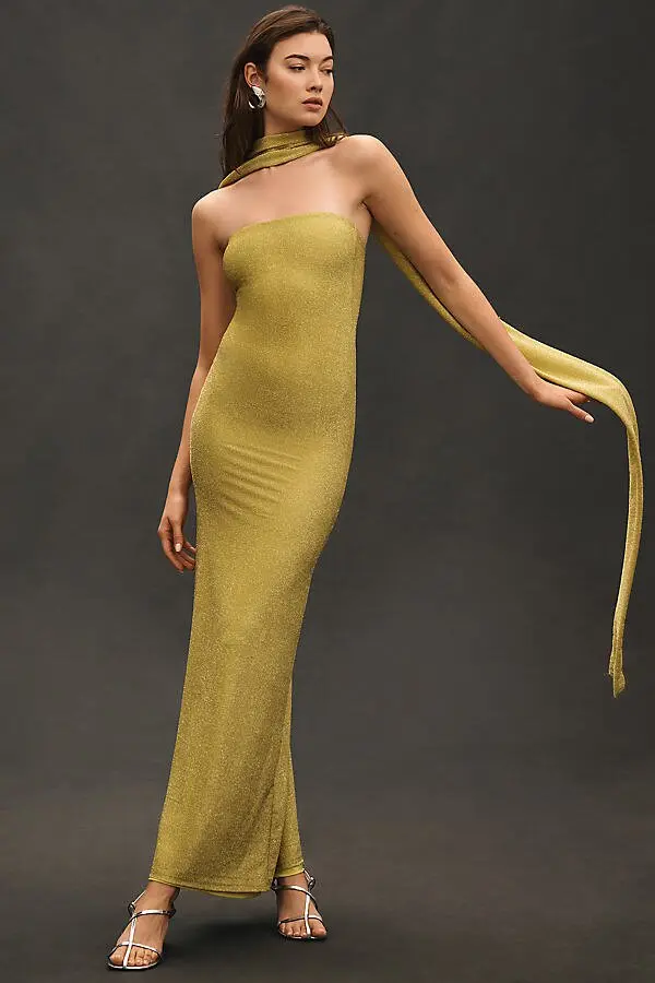 gold on the ceiling maxi dress Miss Circle The Glint Gold Ruched Chiffon Long Maxi Dress S