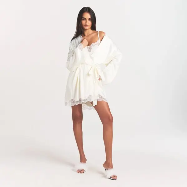 SKIMS Lace Robe | White | Small | Woven Shine - Ivory