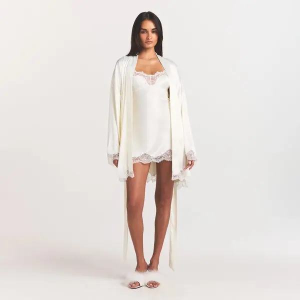 SKIMS Lace Robe | White | Medium | Woven Shine