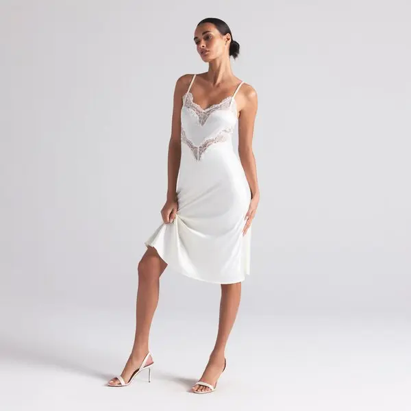 SKIMS Woven Shine Lace Midi Slip Dress