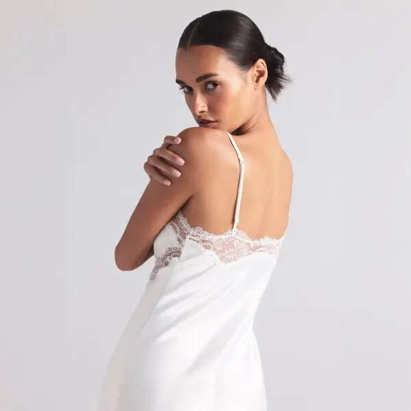 Skims Woven Shine Lace Midi Slip Dress - Ivory | Editorialist