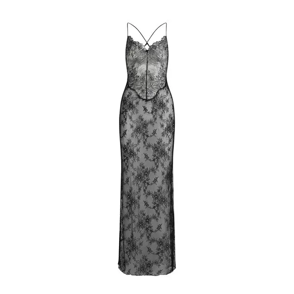 Skims Ultra Fine Lace Low Back Long Dress - Onyx | Editorialist