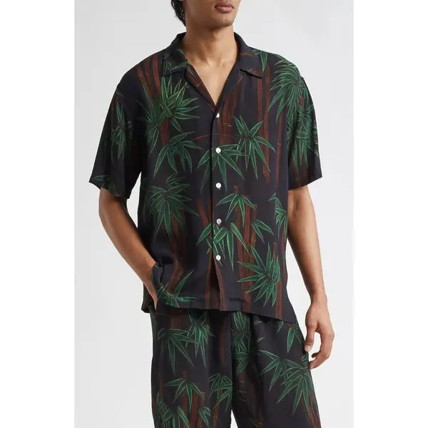 ENDLESS JOY Bamboo Print Crepe Button-up Shirt